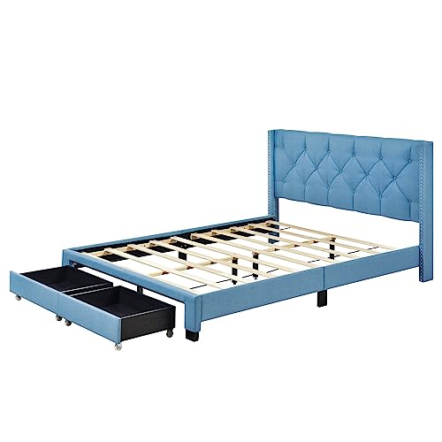 Queen Platform Bed with Headboard,Upholstered Linen Wood Bed Frame with Two Storage Drawers for Kids Girls Boys Teens Adults, No Box Spring Needed(Blue)