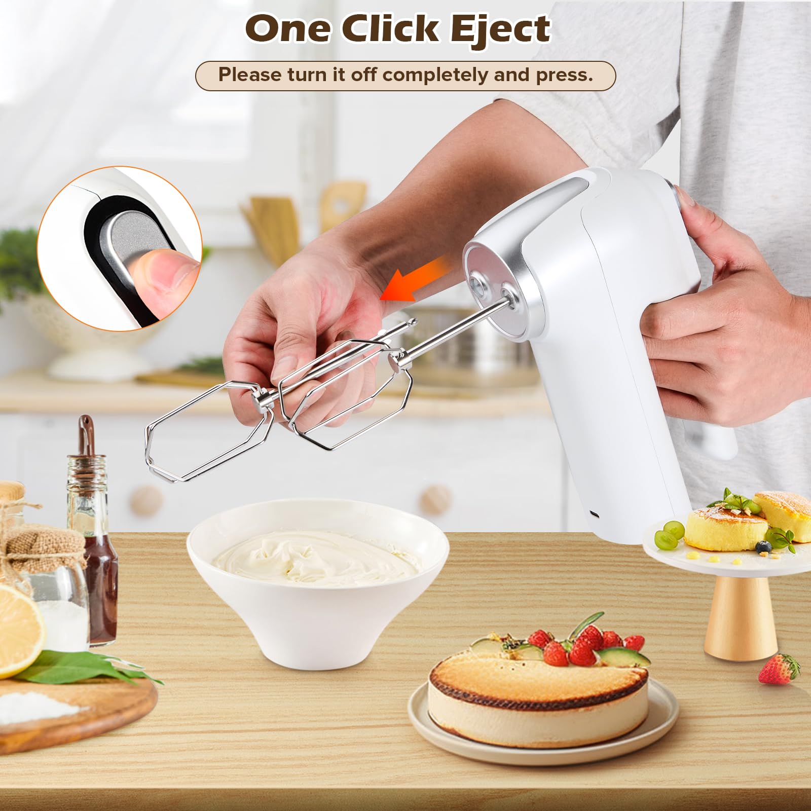 Simivon Rechargeable Hand Mixer - Portable Cordless Electric Mixer with One-Touch Ejector,2 Easy-to-Clean Stainless Steel Dough Hooks,2 Whisks for Easy Whipping, Stirring,Mixing,3 Speed,Pearl White