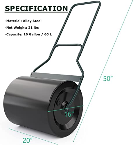 Push Reel Lawn Mower,Lawn Roller, 16 Gallon/60 L Heavy-Duty Tow Behind Water/Sand Filled Sod Drum Roller for Garden Yard Park, 16 by 20-Inch
