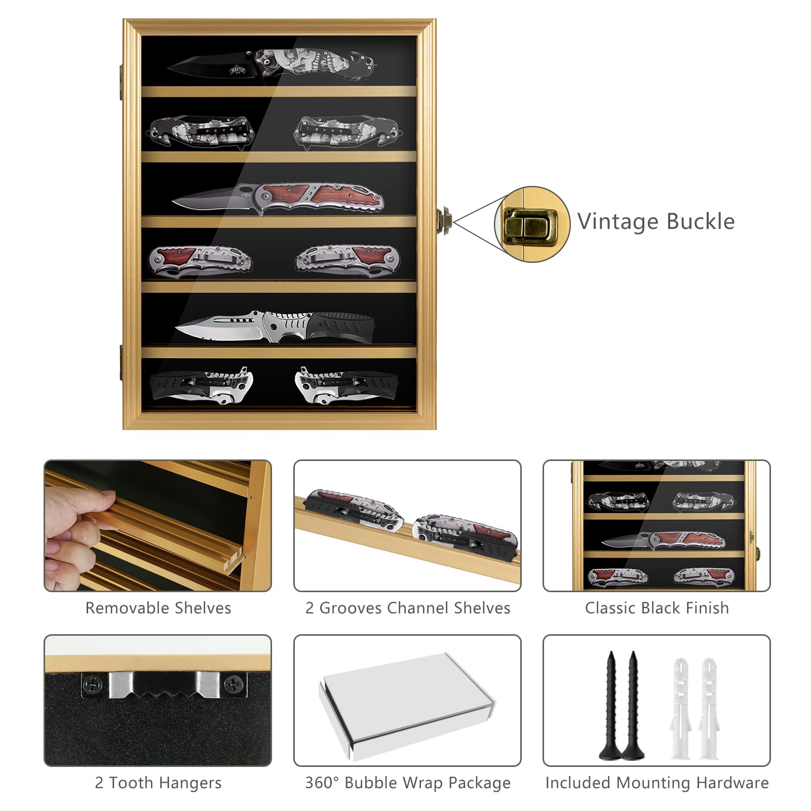 Pocket Knife Display Case,6 Rows Knife Display Case with HD Toughened Glass,Military Folding Knife Shadow Box Wall Cabinet - Knife Cases for Collections with Removable 2 Grooves Shelves, Black