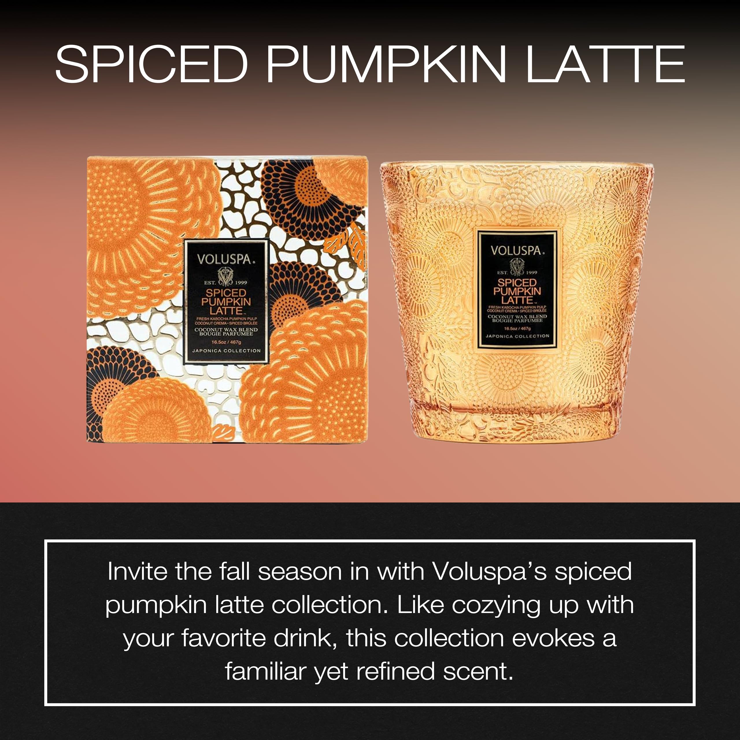 Voluspa Spiced Pumpkin Latte, 2 Wick Boxed Hearth Candle, 16.5 Ounce, 60 Hour Burn Time, All Natural Wicks and Coconut Wax for Clean Burning, Vegan, Poured in The USA