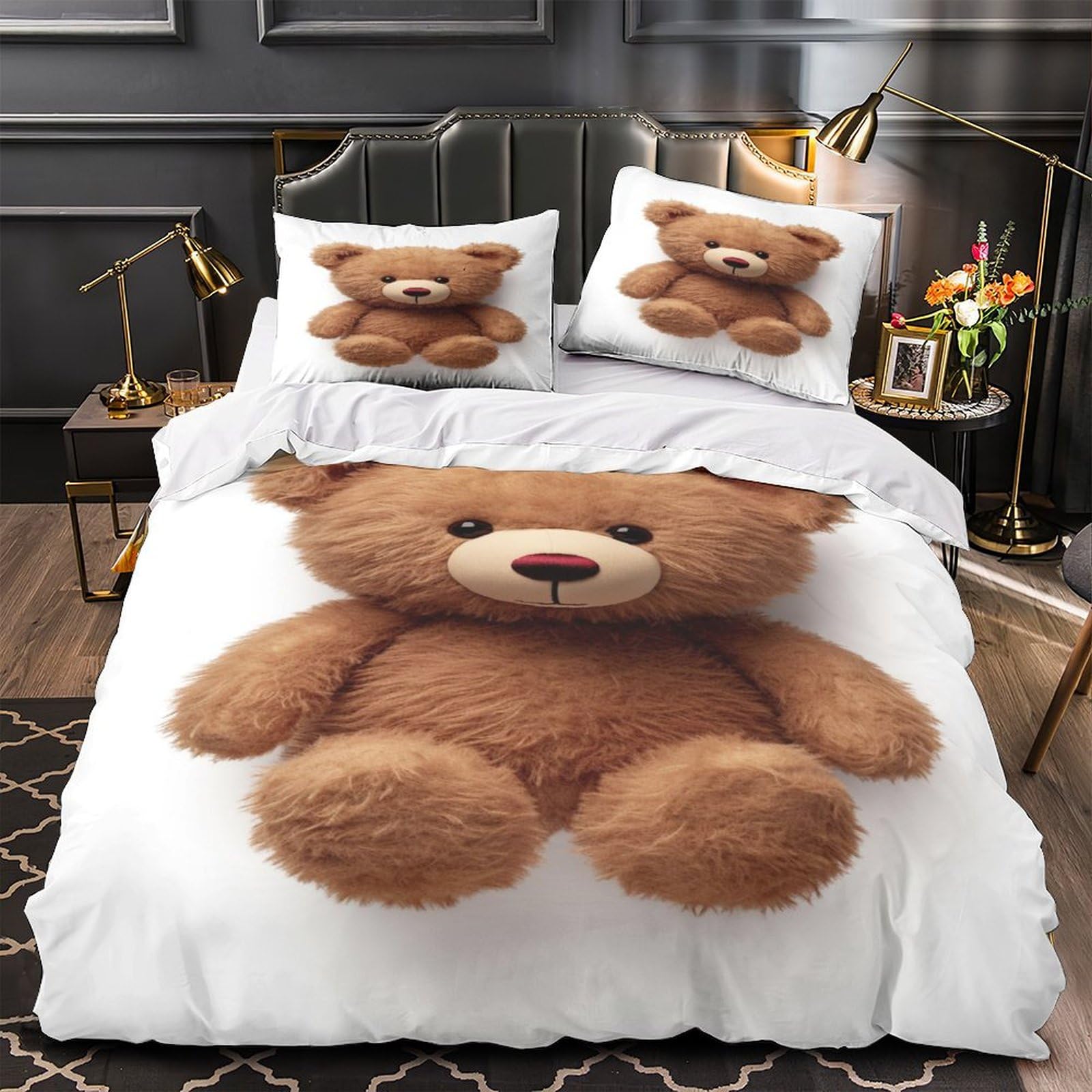 Teddy Bear Toy 3pcs 3D Bedding Set Furry Doll Duvet Cover Set Bed Printed Quilt Cover Bed Linens with 2 Pillowcases with Zipper All Season Queen(228x228cm)