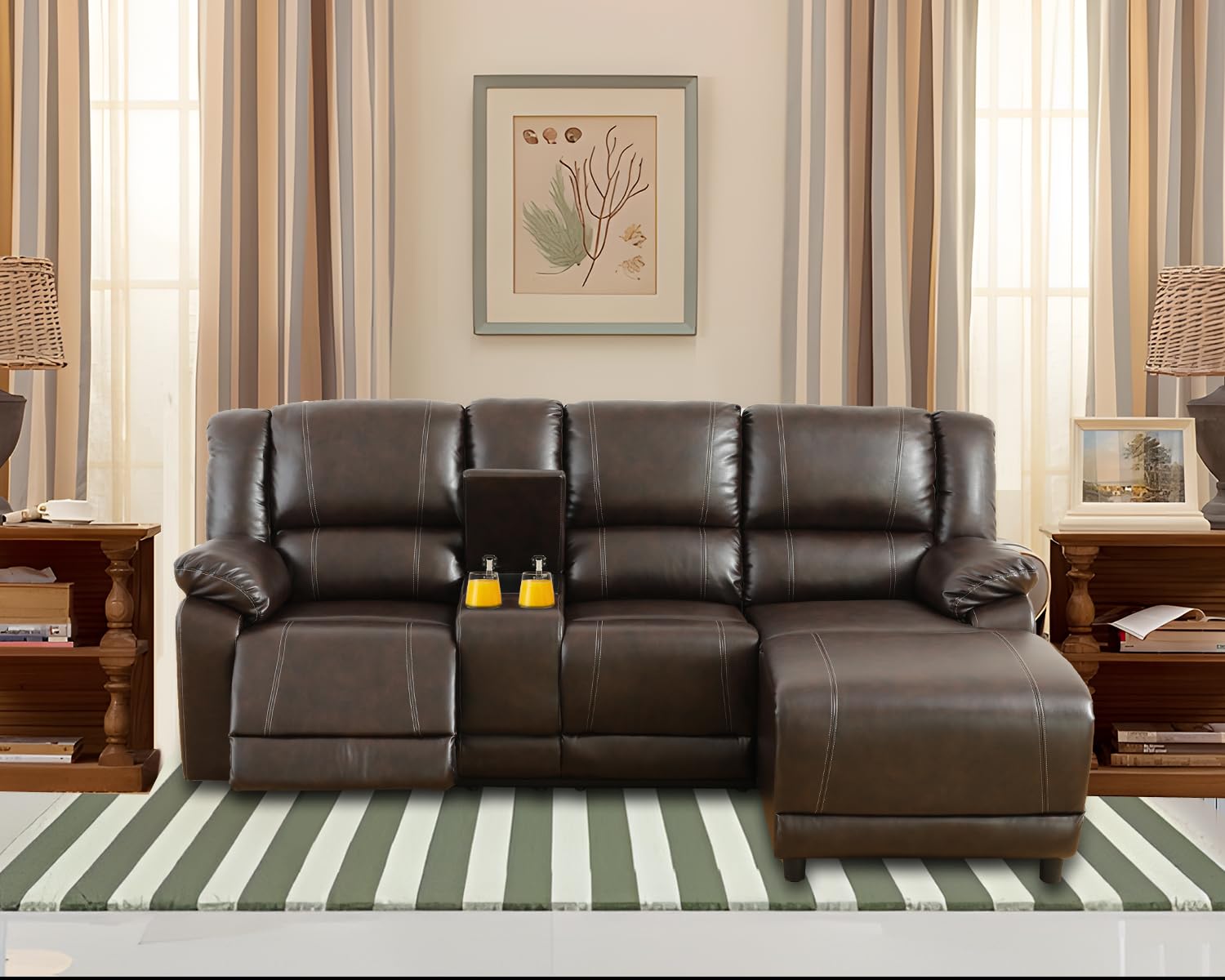 Plithzy Manual Recliner Sofa Couch with Chaise, Breathing Leather Reclining Sectional Sofa, Recliner Couch with Storage Console&Cup Holder for Living Room Apartment (121" Leather Sofa, Brown)