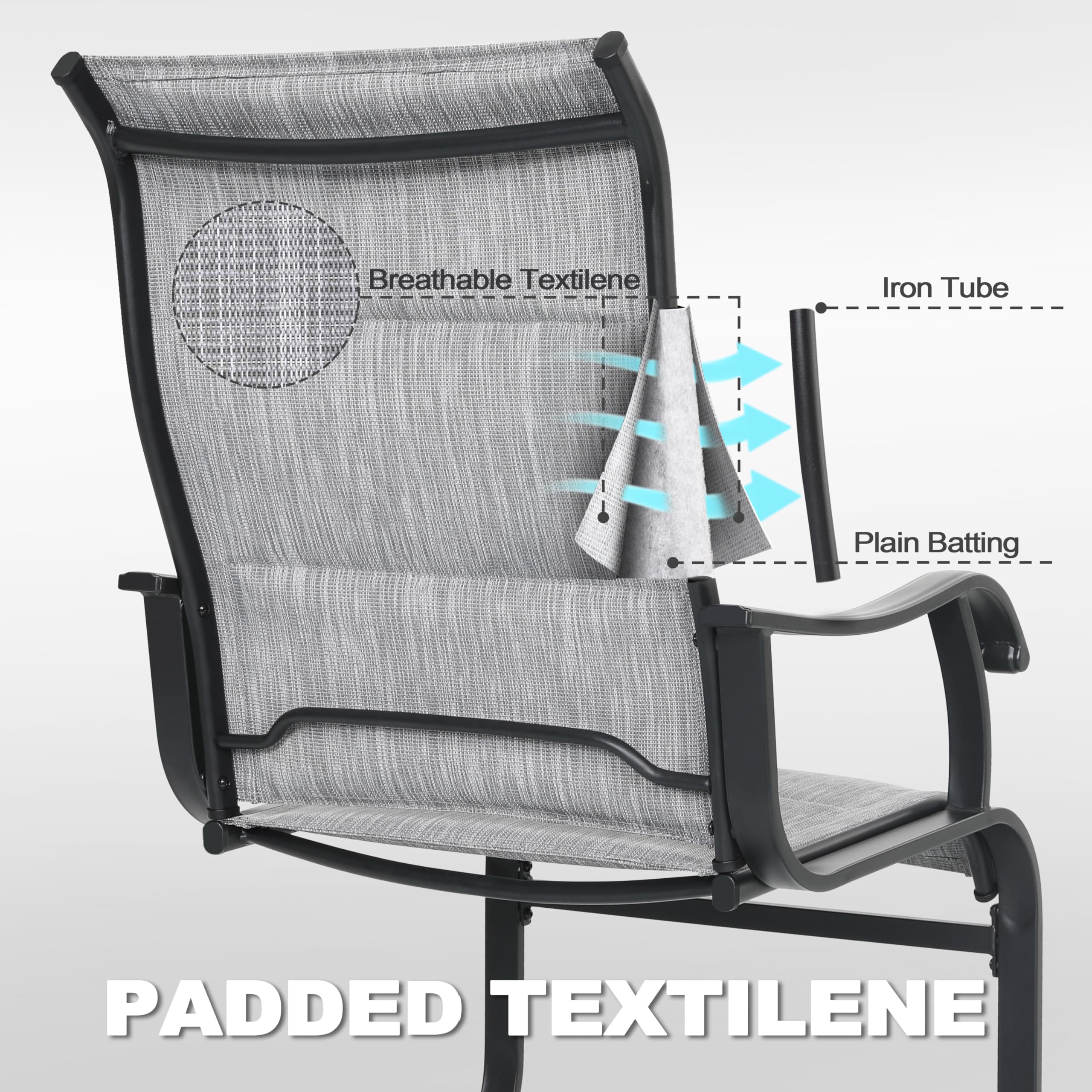 NUU GARDEN Outdoor Patio Dining Chairs Set of 2, Padded Textilene High Back Patio Chairs,All Weather Breathable Spring Motion Textile Outdoor Dining Chairs for Backyard,Deck, Lawn, Grey