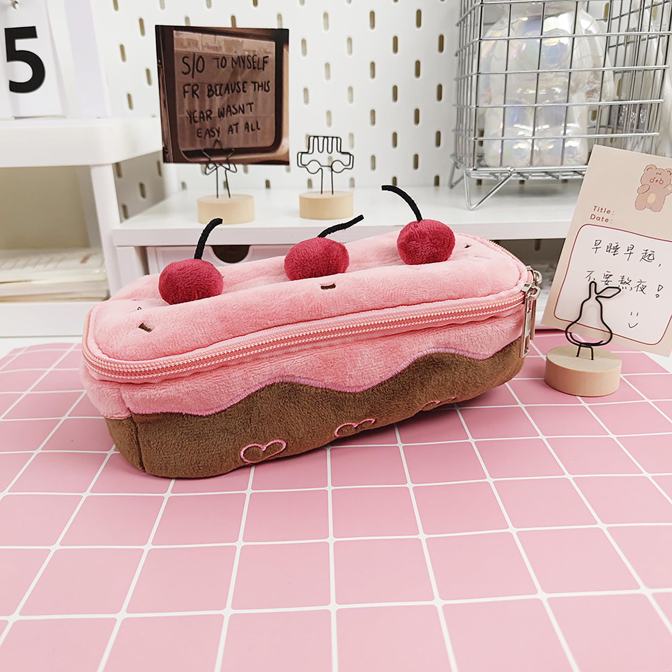 Pink Plush Cherry Cake Pen Bag, Cute Pencil Pouch Stationery Storage Box Kawaii Big Capacity Case Box Pen Holder Lead Pencil Organizer Supplies Pencil Case, Cosmetic Bag (Cherry pencil case)