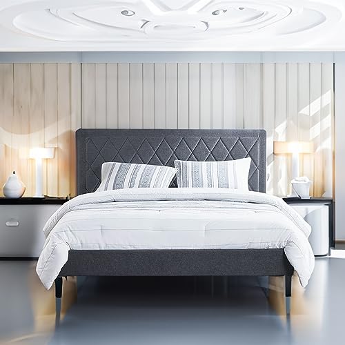 Queen Size Upholstered Platform Bed Frames with Foam Headboard, Mid-Century Modern Platform Bed with Storage Solid Wood Slat Support for Bedroom Small Living Space Boys Girls, Under Bed Storage, Gray