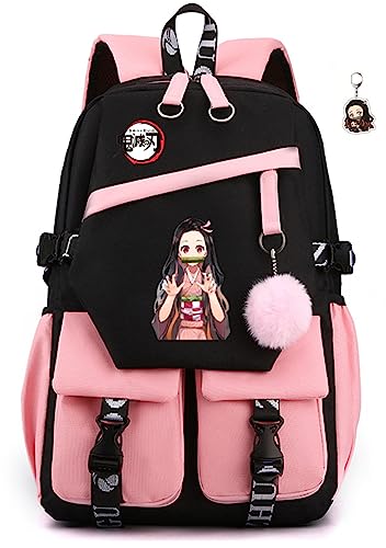 SPIRTUDE Anime backpack Nezuko Backpack Laptop Backpacks with USB Charging Port Travel Bag Daypack Cosplay Backpack (Pink)