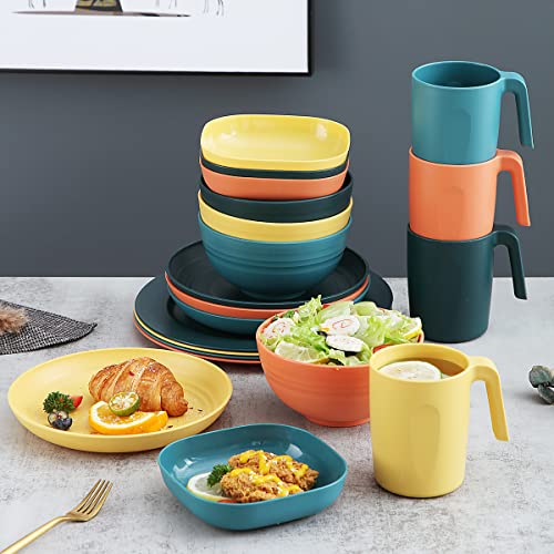 Kyraton Plastic Dinnerware Sets of 20 Pieces, Unbreakable And Reusable Light Weight Plates Mugs Bowls Dishes Easy to Carry And Clean Microwave Safe BPA Free Dishwasher Safe Service For 4 (Mutil Color)