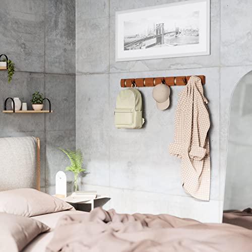 Umbra Flip Wall-Mounted Coat Rack Rail Hook for Hats, Jackets, Bags and More β Modern, Space-Saving Storage Organizer for Entryway, Mudroom, Closet, Bathroom, Bedroom, Kids Room, or Nursery, 8 Hooks, Light Walnut/Gold