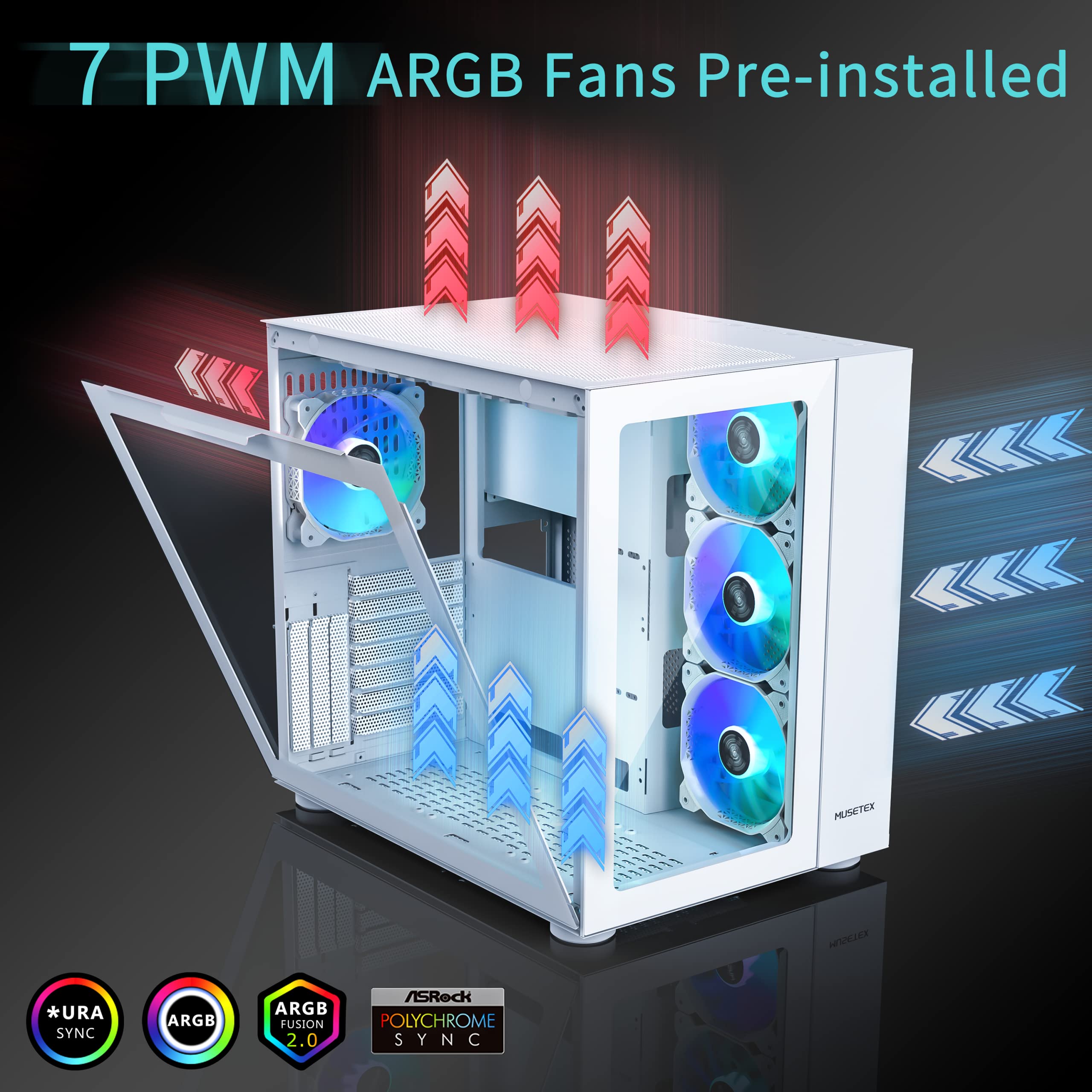 MUSETEX 7 PWM ARGB Fans Pre-Installed ATX Gaming PC Case, Modern Aesthetic Dual Tempered Glass Panoramic Mid-Tower Pc Case, USB 3.0 Pure White Computer Case (H3-N7)