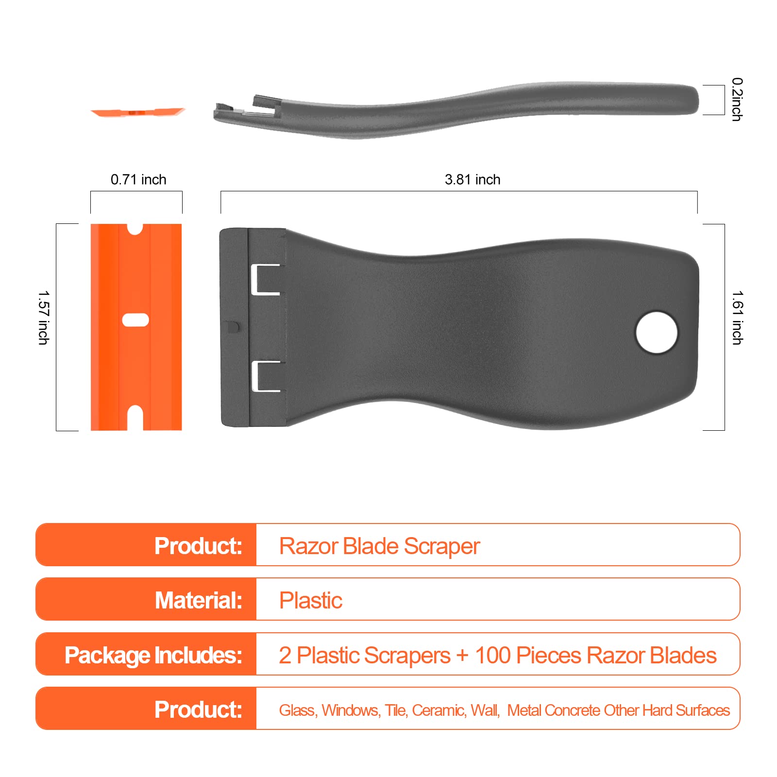 Plastic Razor Blades Scraper Tool - 2 Pack Wall Paint Remover with 100 Pcs Plastic Blades Kit No Scratch Car Window Glass Wood Sticker Removal Floor Stove Kitchen Decal Tape Cleanings