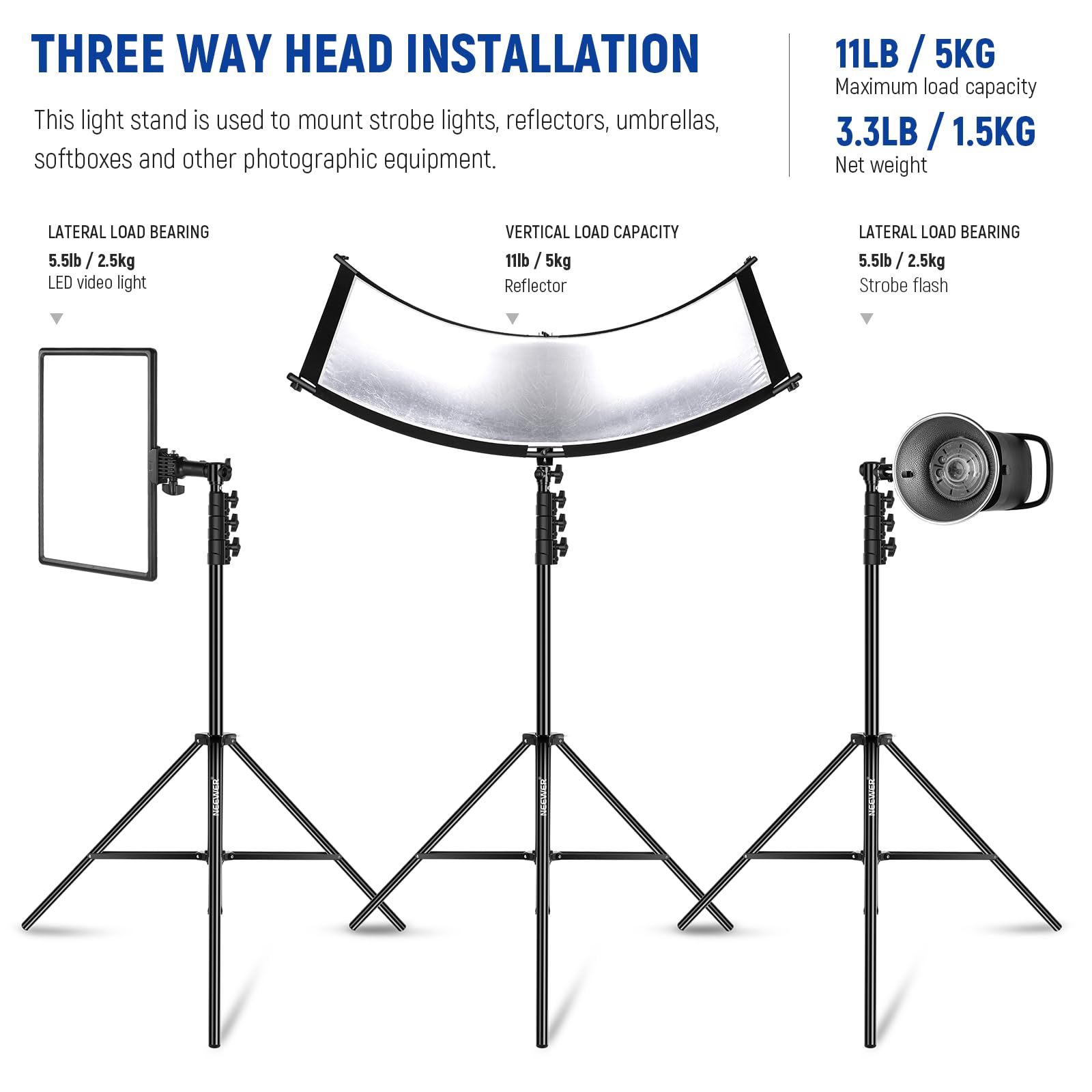 NEEWER 9.8ft/3m Air Cushioned Light Stand, Heavy Duty Metal Photography Tripod Stand with 1/4" to 3/8" Reversible Spigot, 3 Way Mounting Interface & Metal Locking Knobs, Max Load 5.5lb/2.5kg