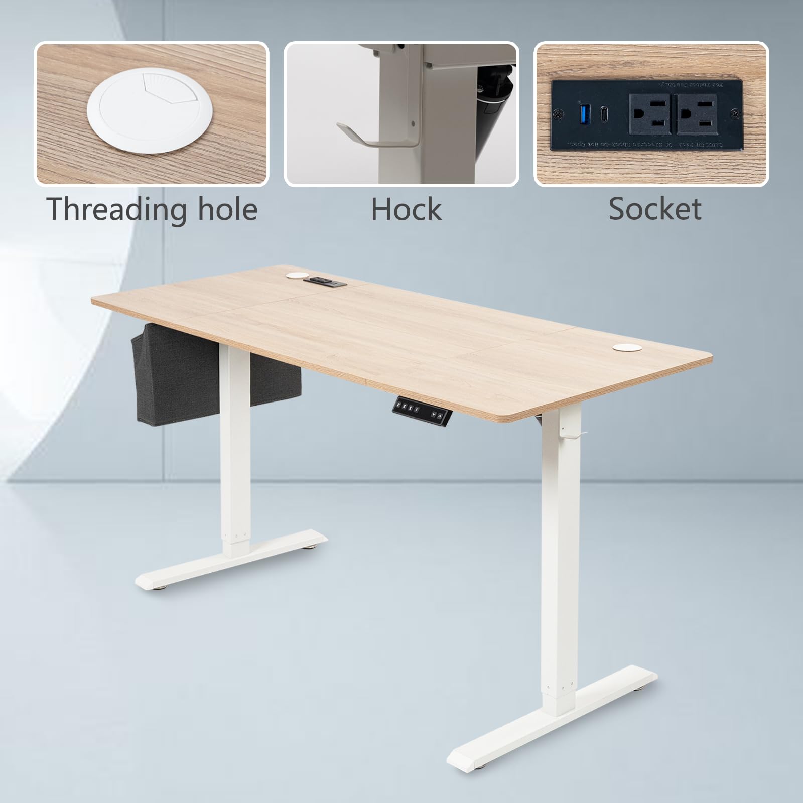 PORIYA 55x24 Inch Electric Height Adjustable Standing Desk with Cable Management, Splice Board, Mouse Pad, 2-Outlet Power Strip with USB 20W Charger, and Casters(White Frame&Log Top)