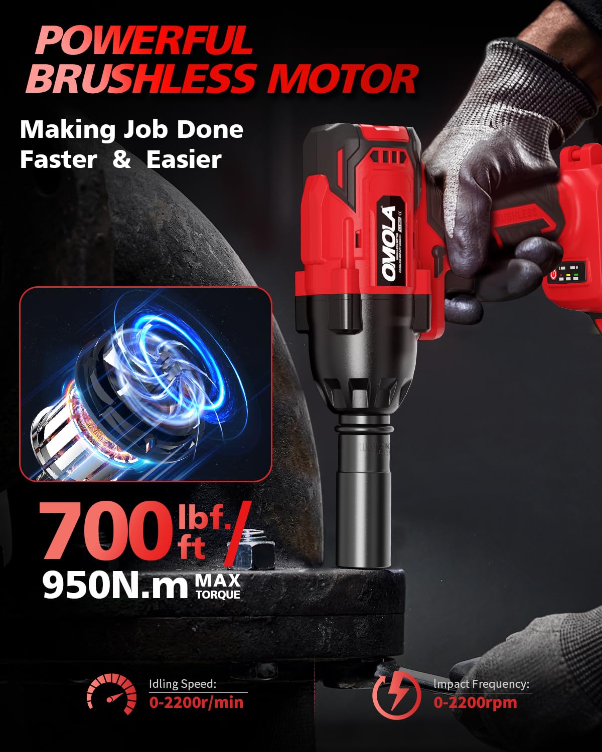 OMOLA Cordless Impact Wrench,1/2 impact gun,700 Ft-lb(950NM) High Torque 3200 RPM,with a 15C 21V 4.0Ah Li-Ion Battery, Fast Charger,Brushless motor,4 Sockets,Electric Impact Wrench for Car Truck RV