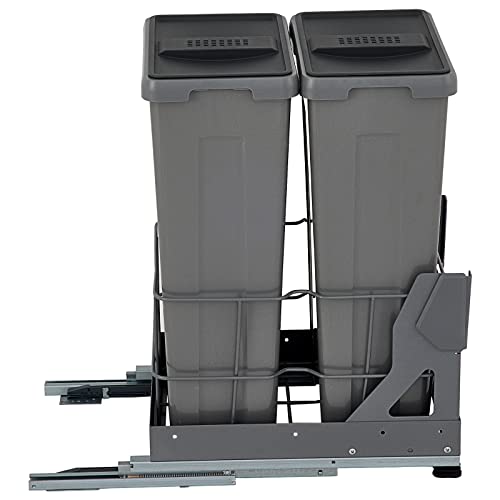 VEVOR Pull-Out Trash Can, 29Qt Double Bins, Under Mount Waste Container with Soft-Close Slides, 66 lbs Load Capacity & Door-Mounted Brackets, Garbage Recycling Bin with Lids for Kitchen Cabinet, Grey