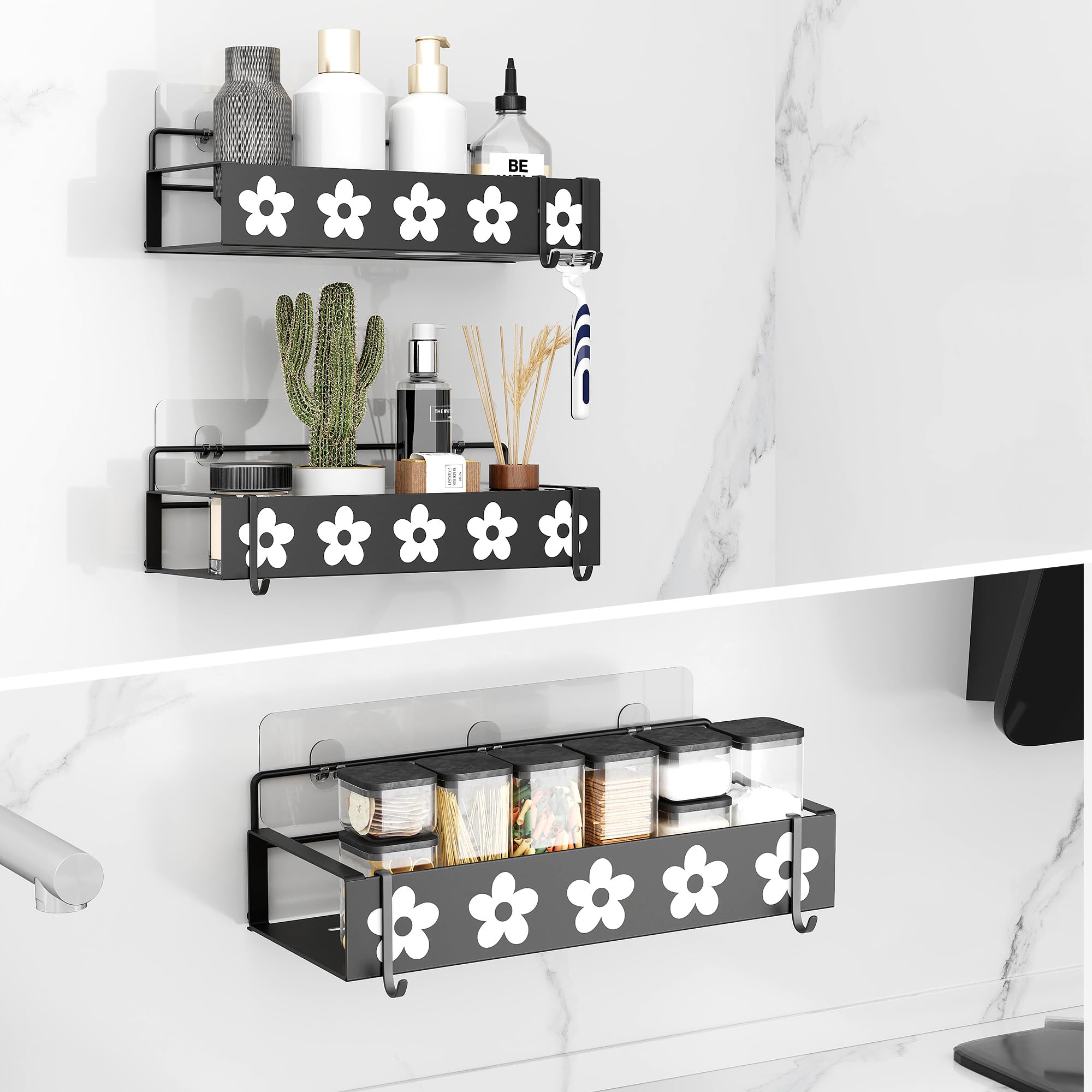 Purdaz Adhesive 2 Pack Shower Caddy Shower Shelf for Shampoo Conditioner,No Drilling,Rustproof (Black)
