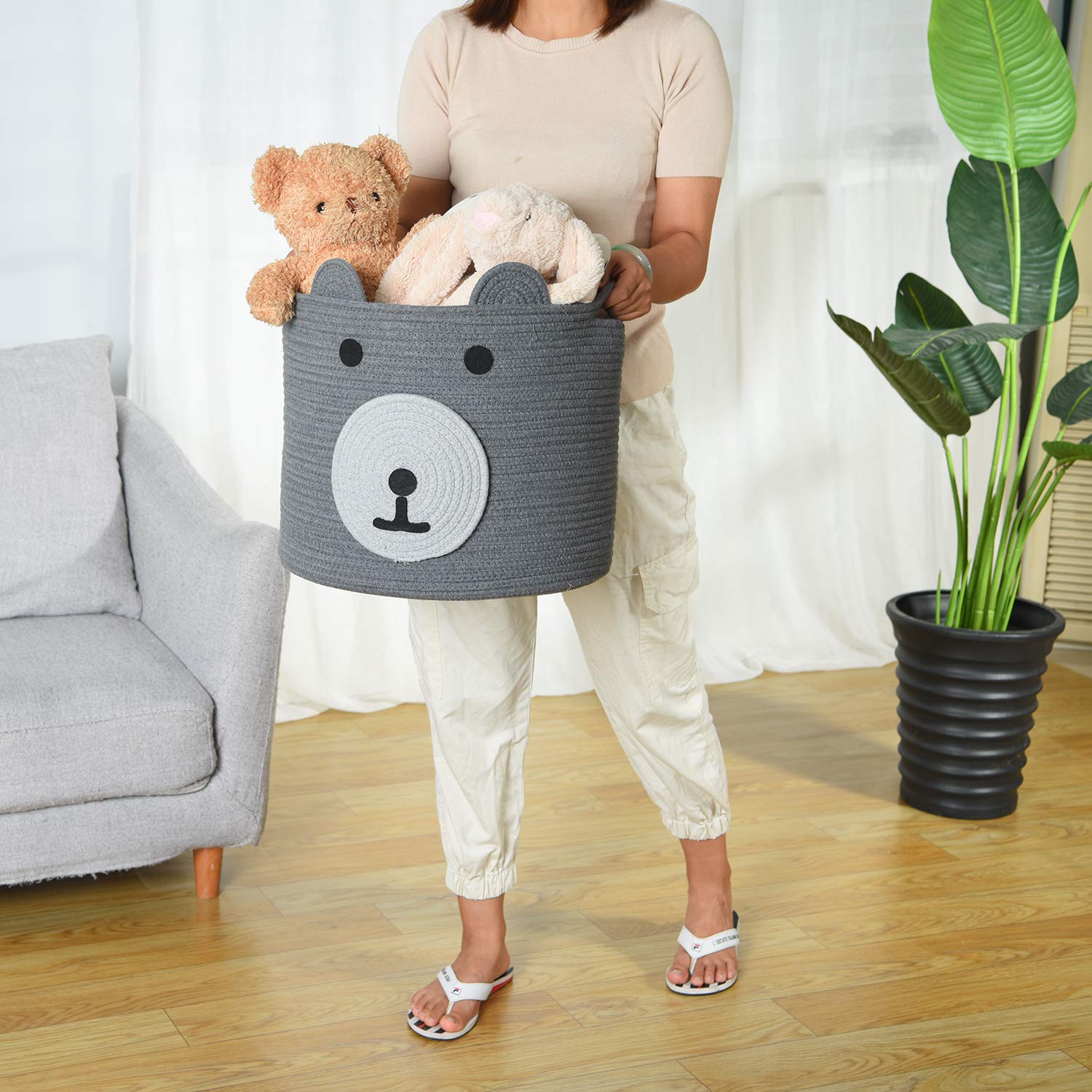 InfiBay Baby Toy Storage, Cotton Rope Storage Basket with Bear Design, Toy Storage Bin with Handles, Woven Laundry Hamper, Baby Nursery Organizer for Toys, Blanket, Clothes, Towels, 12β(D) x 11β(H)