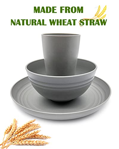KITWILD Wheat Straw Dinnerware Sets, 12-Piece Lightweight Plastic Dinnerware Set with 8.9 Inch Unbreakable Plates, Bowl Set and Cup Set, BPA free, Dishwasher & Microwave Safe, Service for 4 - Grey