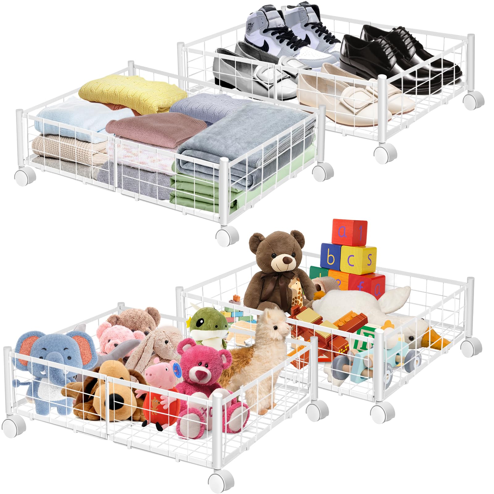 Under Bed Storage 4 Pack with Wheels, Under Bed Storage Containers Metal Foldable Space-Saving Under Bed Drawer Shoe Storage Bins Organizer on Wheels for Clothes Books
