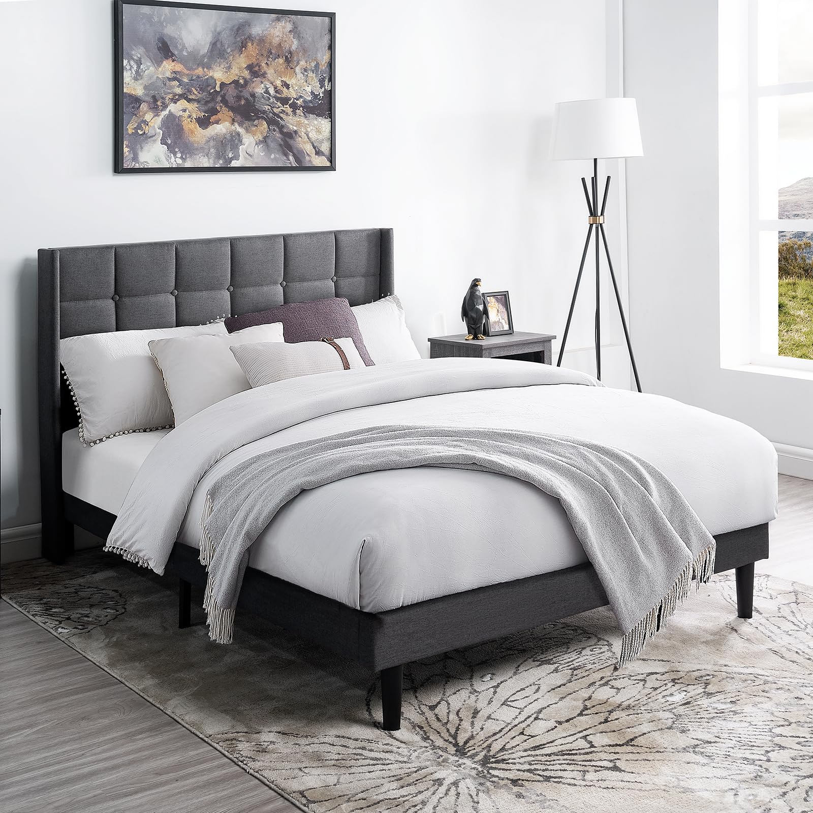 NELGUTA Full Bed Frame Upholstered with Headboard,Bed Frame Platform Linen Fabric Headboard Wooden Slats Support,Easy Assembly No Box Spring Needed Dark Gray(Full)