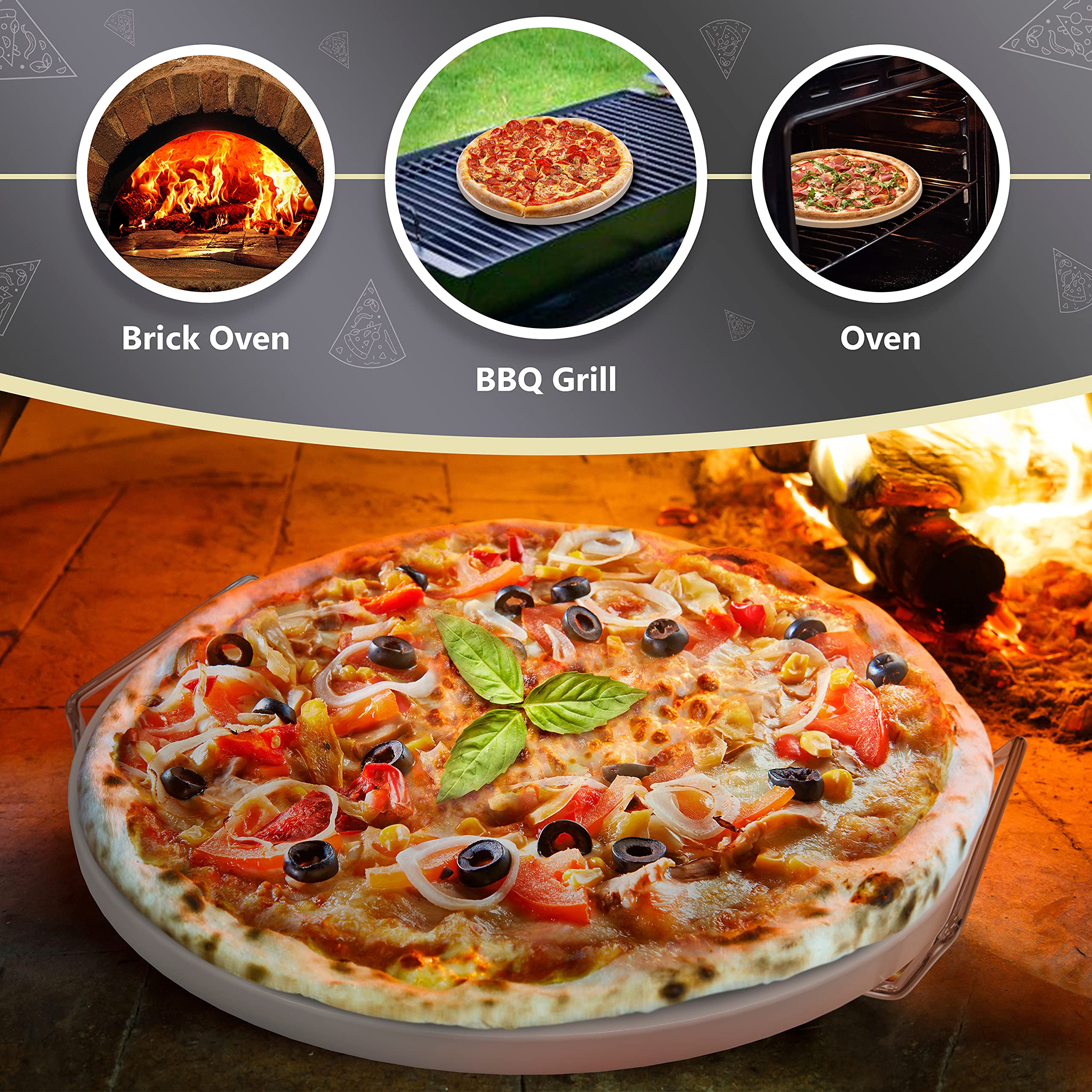 La & Li Pizza Stone for Grill and Oven - 13" Ceramic Round Oven Pizza Stone Set with Multipurpose Rack with Handles, 6 Plates, & Apron - Pizza Stone for Oven for Baking, Pizza, Bread, Cookies, & More