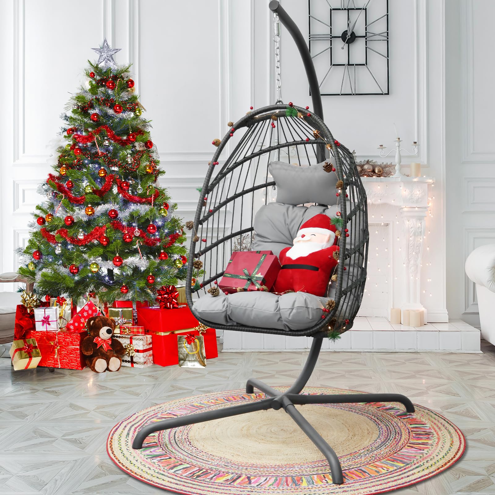 NICESOUL® Indoor Outdoor Patio Wicker Hanging Egg Chair Swing Hammock Egg Chairs UV Resistant Cushions 350lbs Capaticy for Patio Bedroom Balcony (Grey)