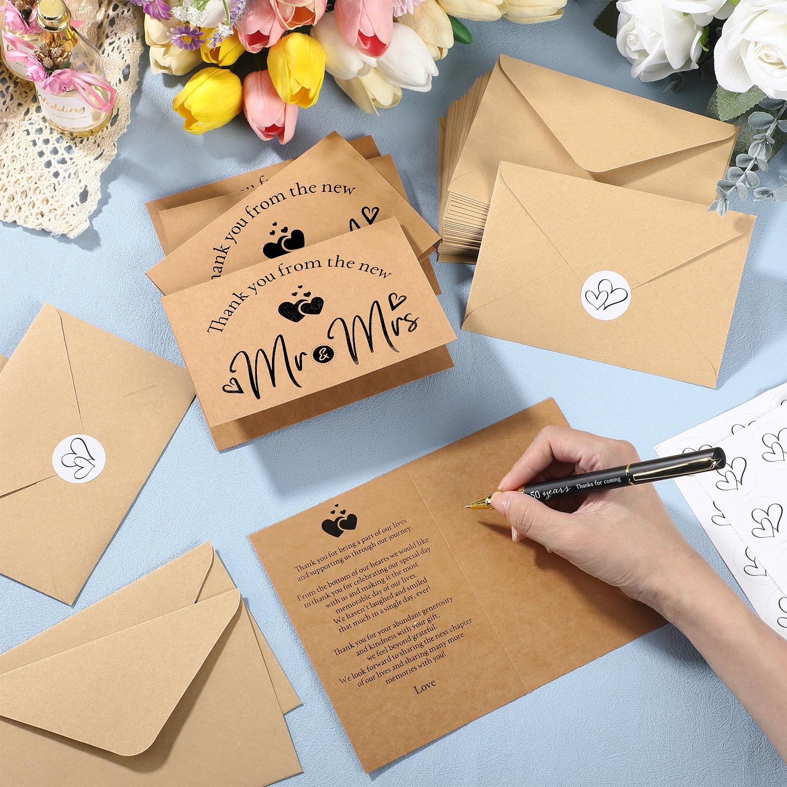 Spakon 100 Sets Wedding Thank You Cards with Envelopes and Stickers Wedding Themed Kraft Paper Thank You Card with Message Inside Mr and Mrs Thank You Notes for Bridal Shower Anniversary Guests