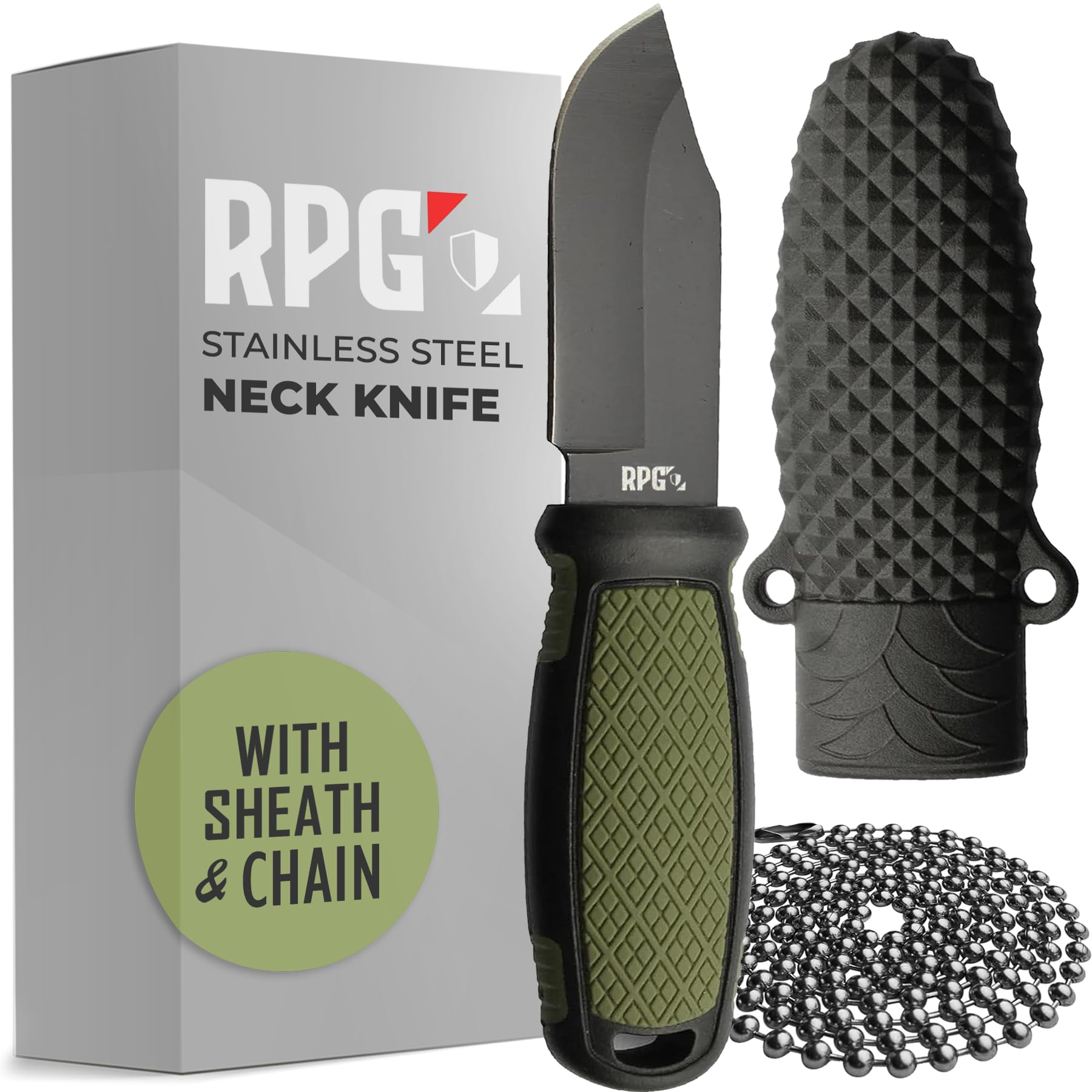 RPG Mini Small Black Full Tang Fixed Blade EDC Tactical Neck Knife with Link Chain Necklace & Plastic Molded Sheath - Concealable Minimalist EDC Survival Knife - 2.5 inch Blade - Stainless Steel