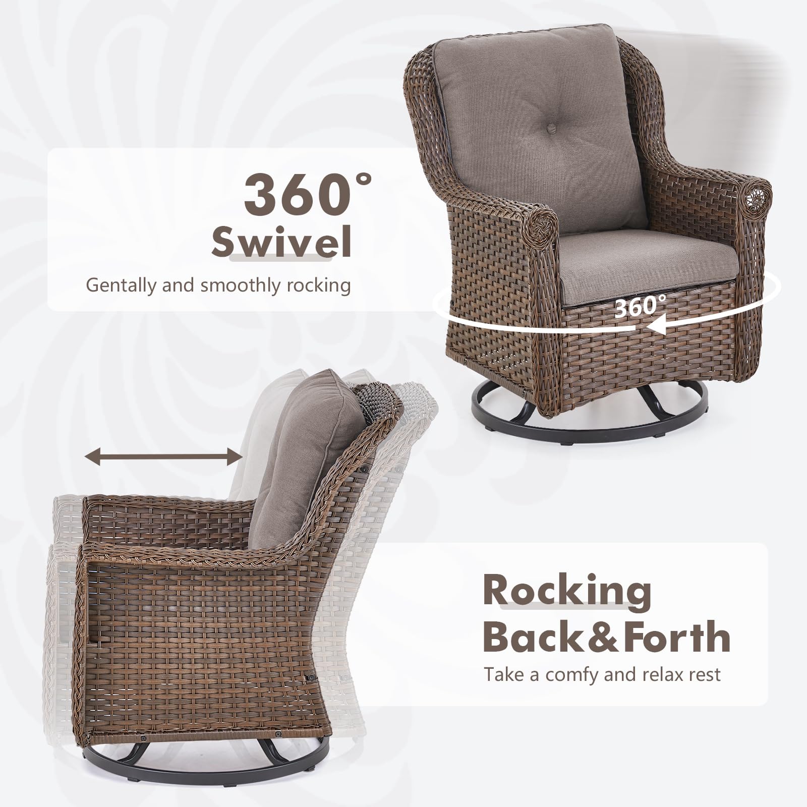 Outdoor Wicker Furniture Set for Patio - 5 Piece Outside Rattan Conversation Bistro Dining Chair Sets with Rocking Swivel Chairs, Ottomans and Side Table for Porch Yard Balcony β Brown/Grey