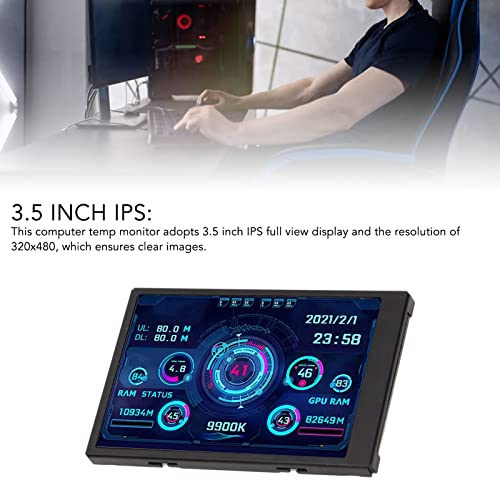 PC Temperature Display, Rotatable Dimmable Computer Temp Monitor IPS Display Auto Off 3.5in for Office (Black Set)