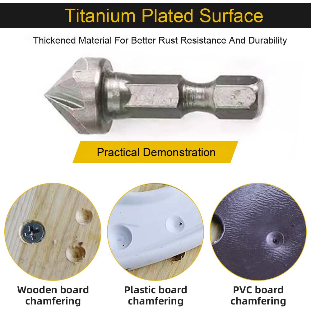 TorSor 3 Pack Countersink Drill Bit Chamfer Bits 6 Flute for 6.35mm 1/4'' Hex Shank Burr Removal Holes Shaping Trimming Opener Tool Polish Knife Cutter Woodworking 90° Degree Center Punch Sets Wood