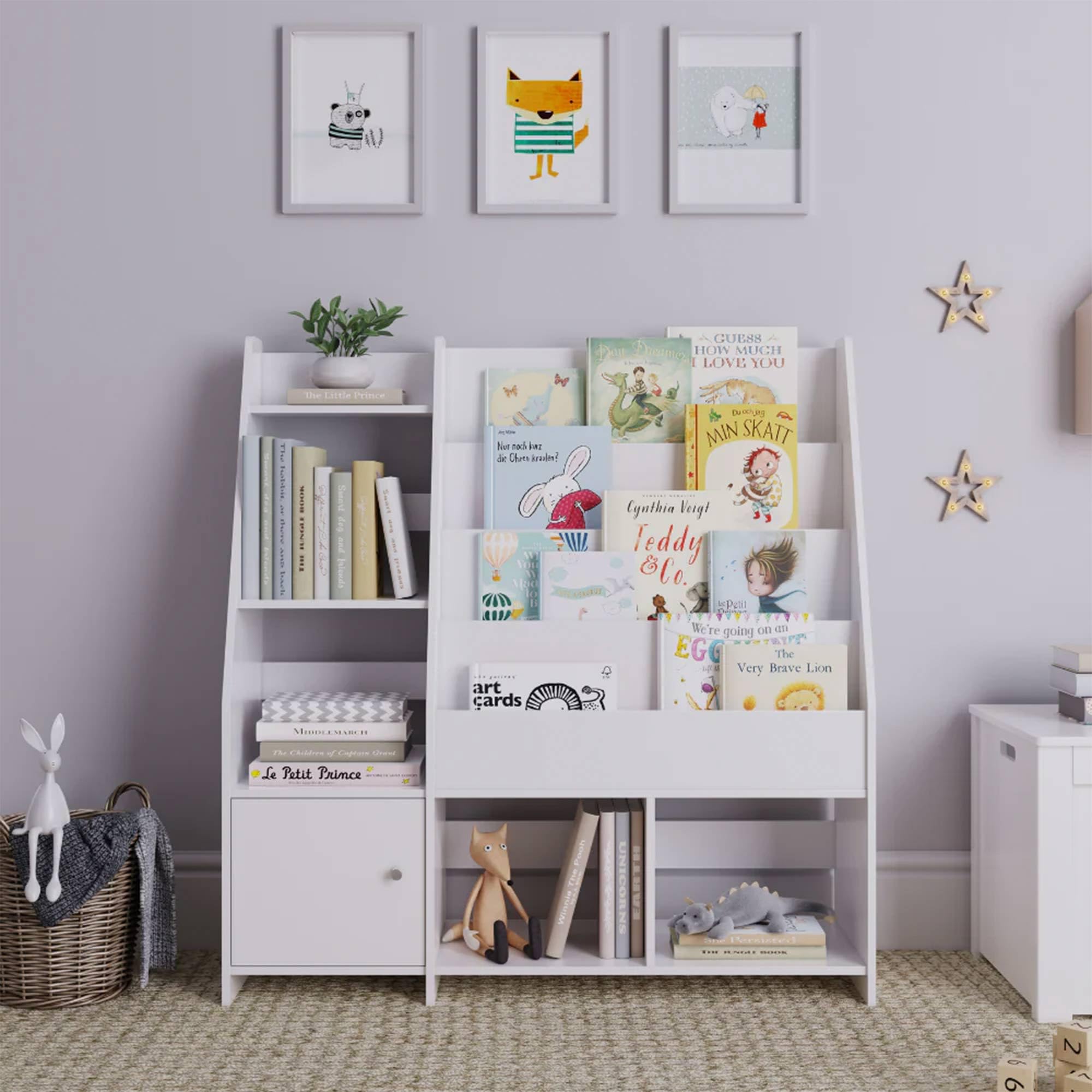 Sturdis Modern Rounded Edge Wooden Kids Bookshelf with Storage Cabinet, Book Organizer Storage Shelves for Bedrooms, Playrooms, and Nurseries, White