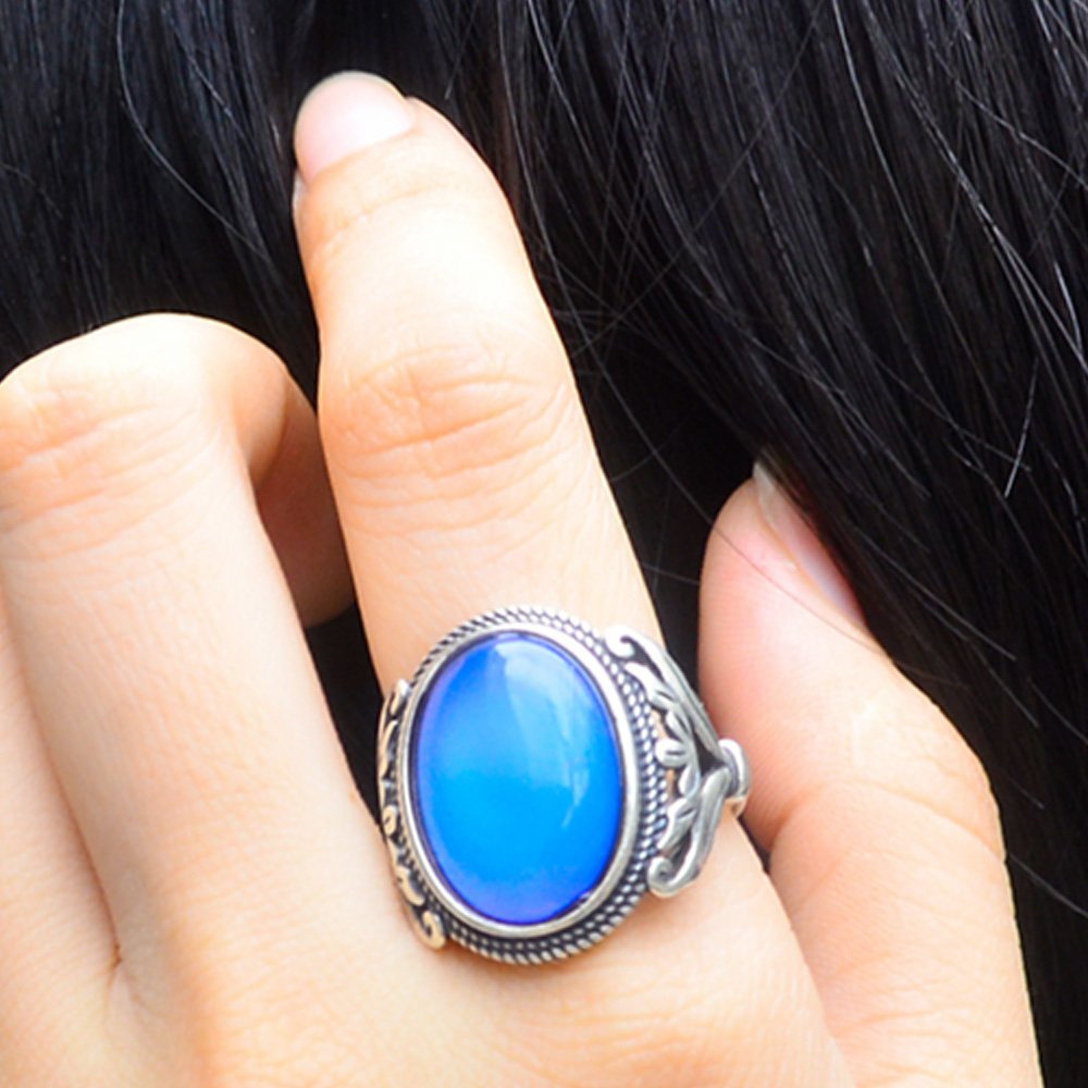 FUN JEWELS Burnished Sterling Silver Multi Color Change Oval Stone Mood Ring Size Adjustable