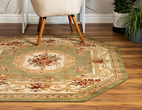 Unique Loom Versailles Collection Traditional Classic Floral Motif Area Rug (5' 0 x 5' 0 Octagon, Green/Ivory)