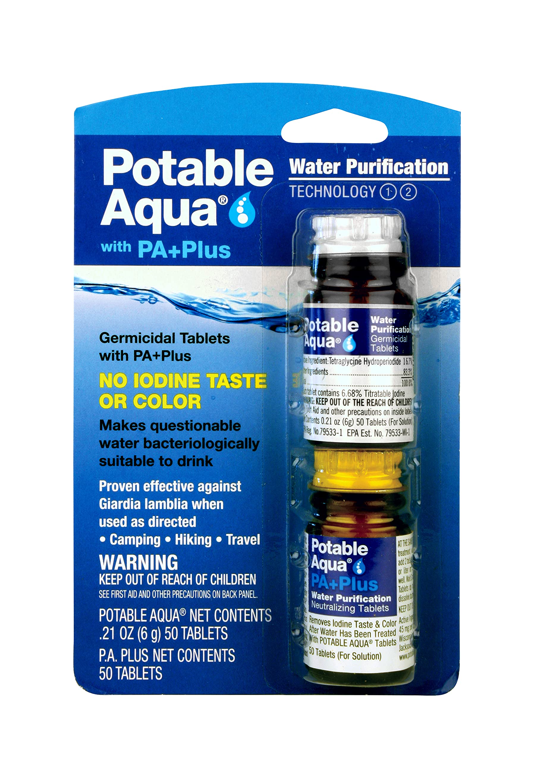 LifeStraw Personal Water Filter for Hiking, Camping, Travel, and Emergency Preparedness, 2 Pack, Blue & Potable Aqua Water Purification Tablets with PA Plus - Two 50 Count Bottles