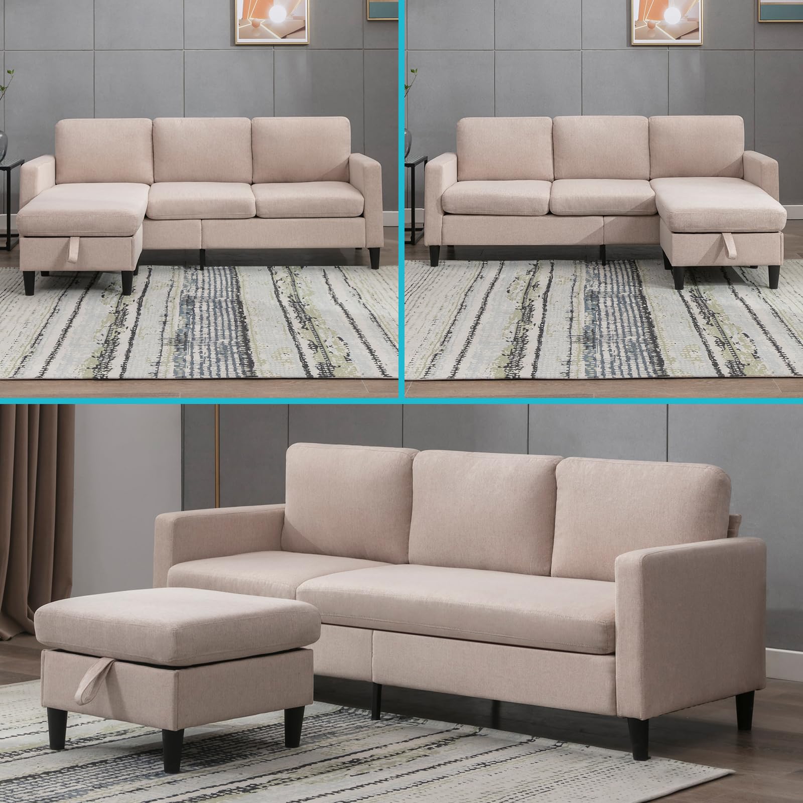 PUREMIND 85'' W Small Sectional Sofa Couch, L Shaped Sectional Sofa, Convertible Sectional Couch with Reversible Chaise, Linen 3-Seat Couches with Thick Cushion for Living Room (Light Grey)
