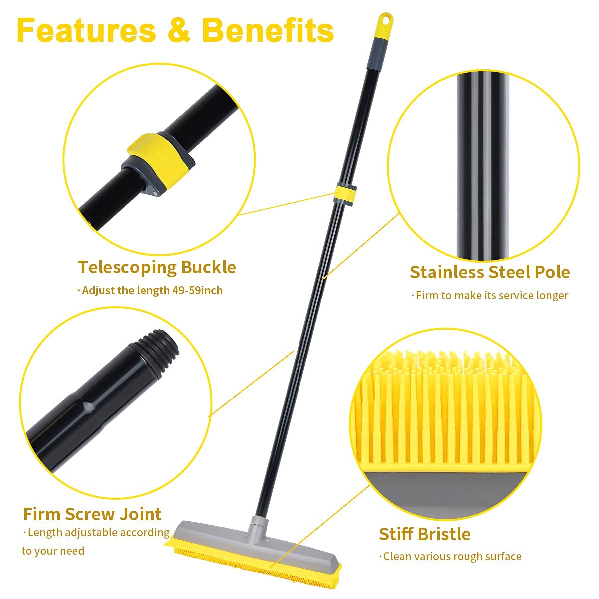 Pet Hair Broom Rubber Broom 59" Long Handle with Build-in Squeegee Silicone Broom for Sweeping Hardwood Floor Tile