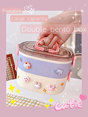 Paidideng Kawaii Bento Box Bento Lunch Box with Lunch Bag,Tableware,Biscuit bags,2 Layers Stacked Leakproof Cute Lunch Box,for Travel,Office,Gym. (purple)