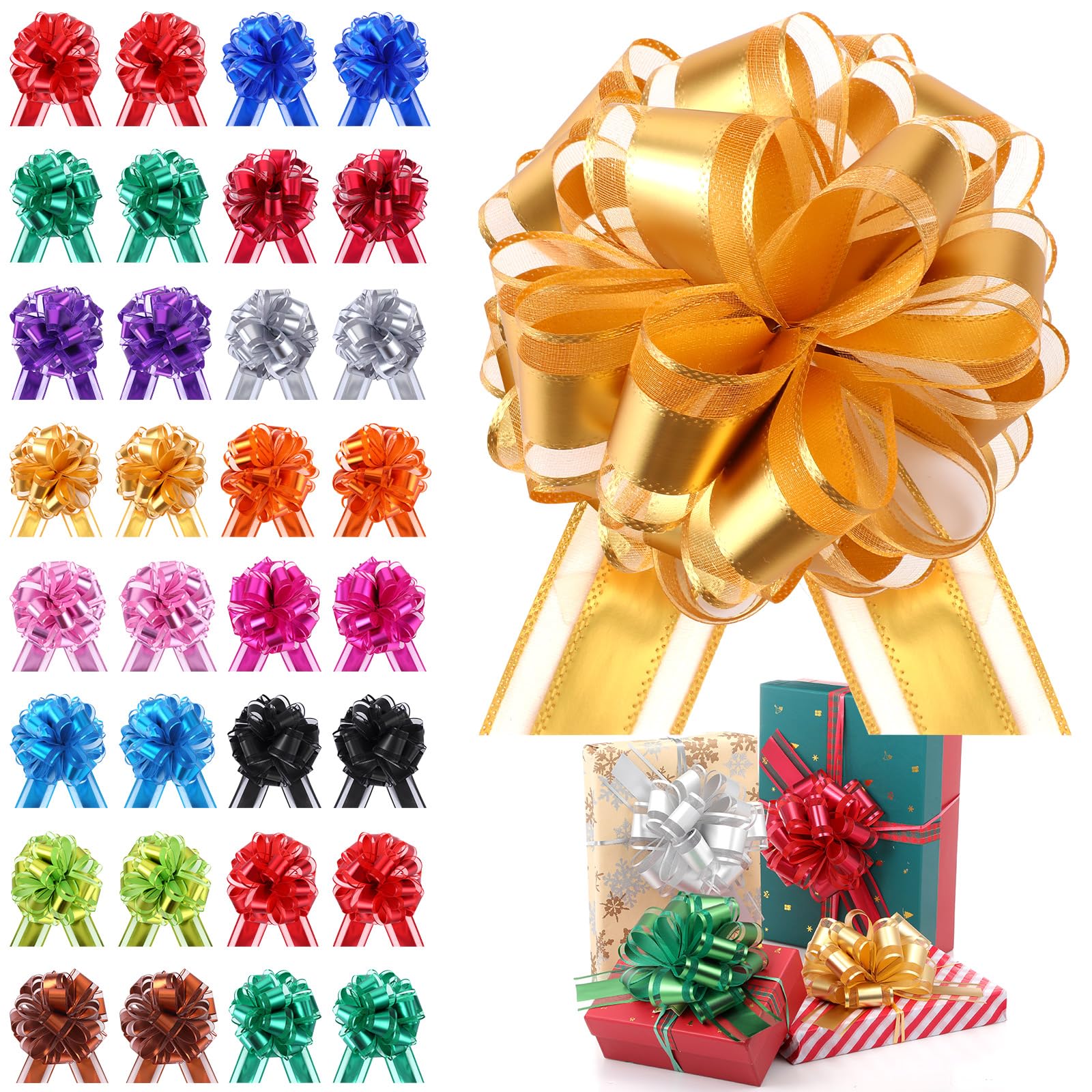 Poen 36 Pcs Christmas Pull Bows for Gift Wrapping 6 Inch Large Ribbon Gifts Bows for DIY Crafts Christmas Wedding Baskets Valentines Easter Holiday Birthday Party Decoration(Classic,Multicolor)
