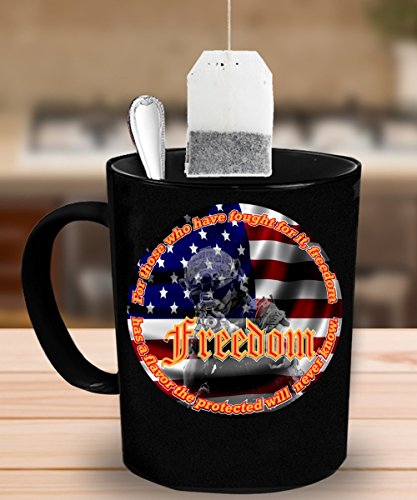 Vitazi Kitchenware Novelty Gifts - Patriotic Mug (15oz) For Those Who Have Fought For It, Freedom Has a Flavor The Protected Will Never Know, With Image Ceramic Coffee Cup (Black)