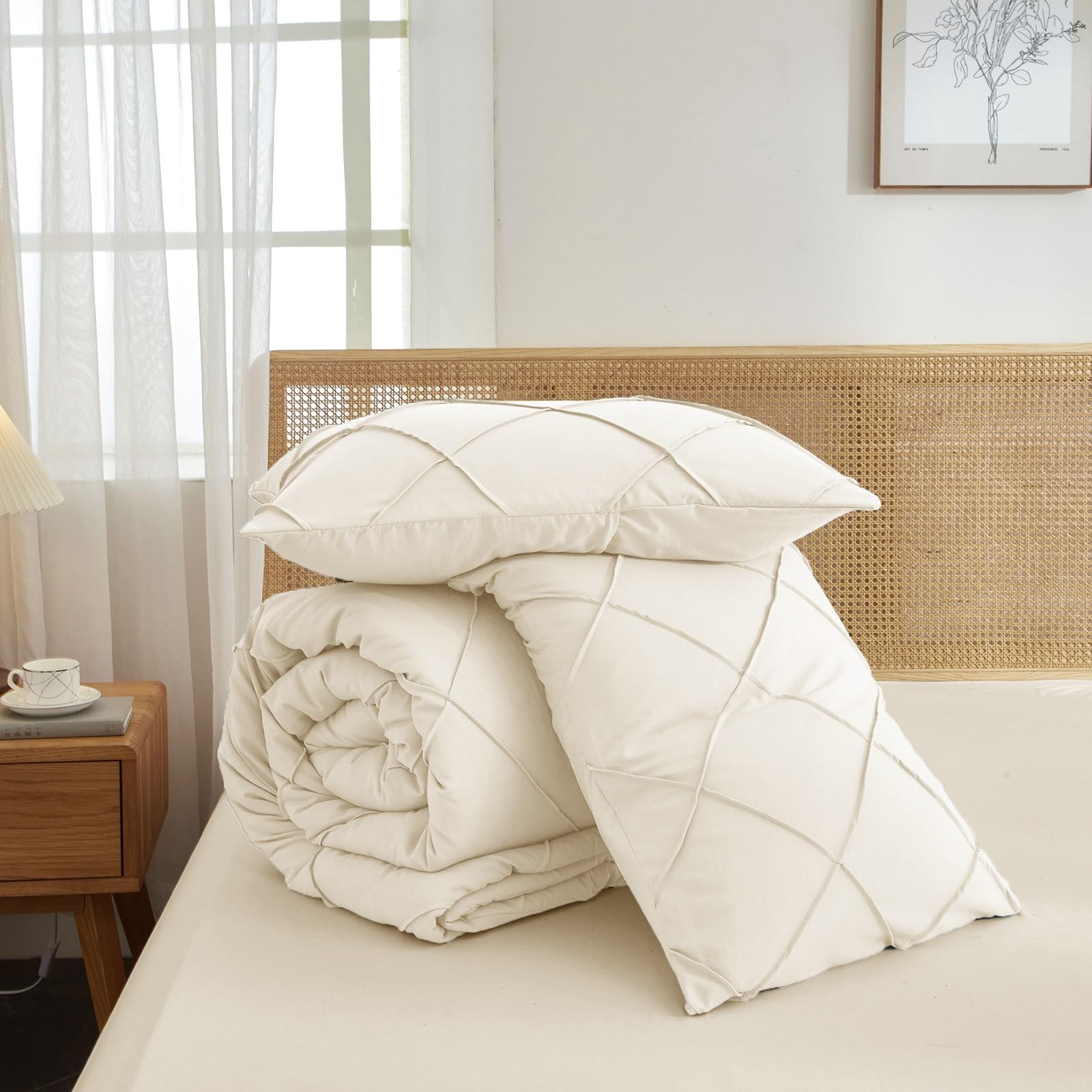 LifeTB Tufted Boho Comforter Set King Size Cream White Diamond Pattern Comforter Set Shabby Chic Bedding Jacquard Comforter Set Geometric Farmhouse Ivory Comforter with 2 Pillowcases All Season