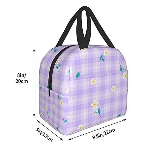 Plumeria Purple Lilac Violet Flower On Purple Plaid Lunch Box Bento Box Insulated Lunch Boxes Reusable Waterproof Lunch Bag With Front Pocket For School Office Picnic