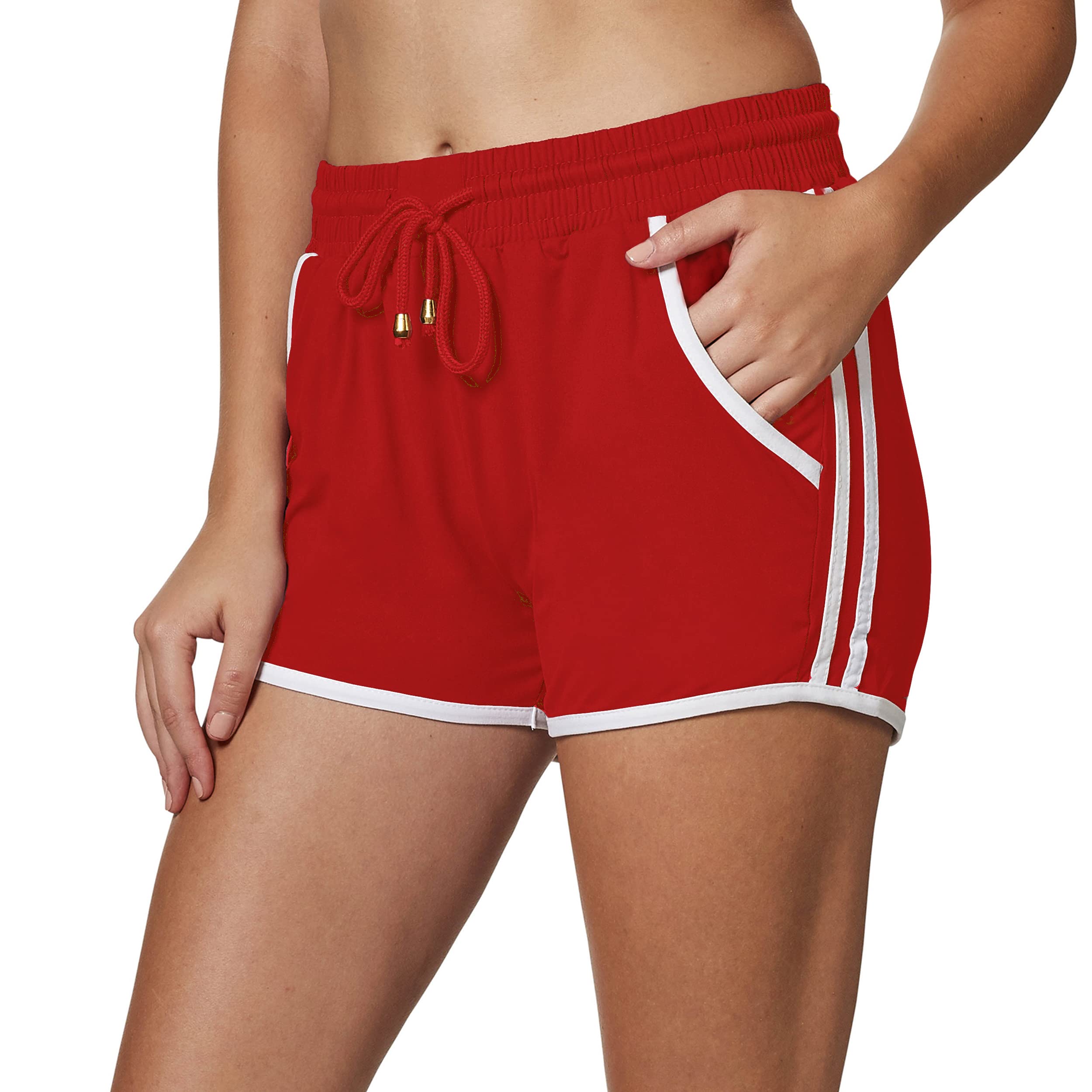 Indero Women's Active Shorts with Pocket Side Stripes Ultra Soft Workout Yoga Lounge Running Pants - Red Poinciana S M