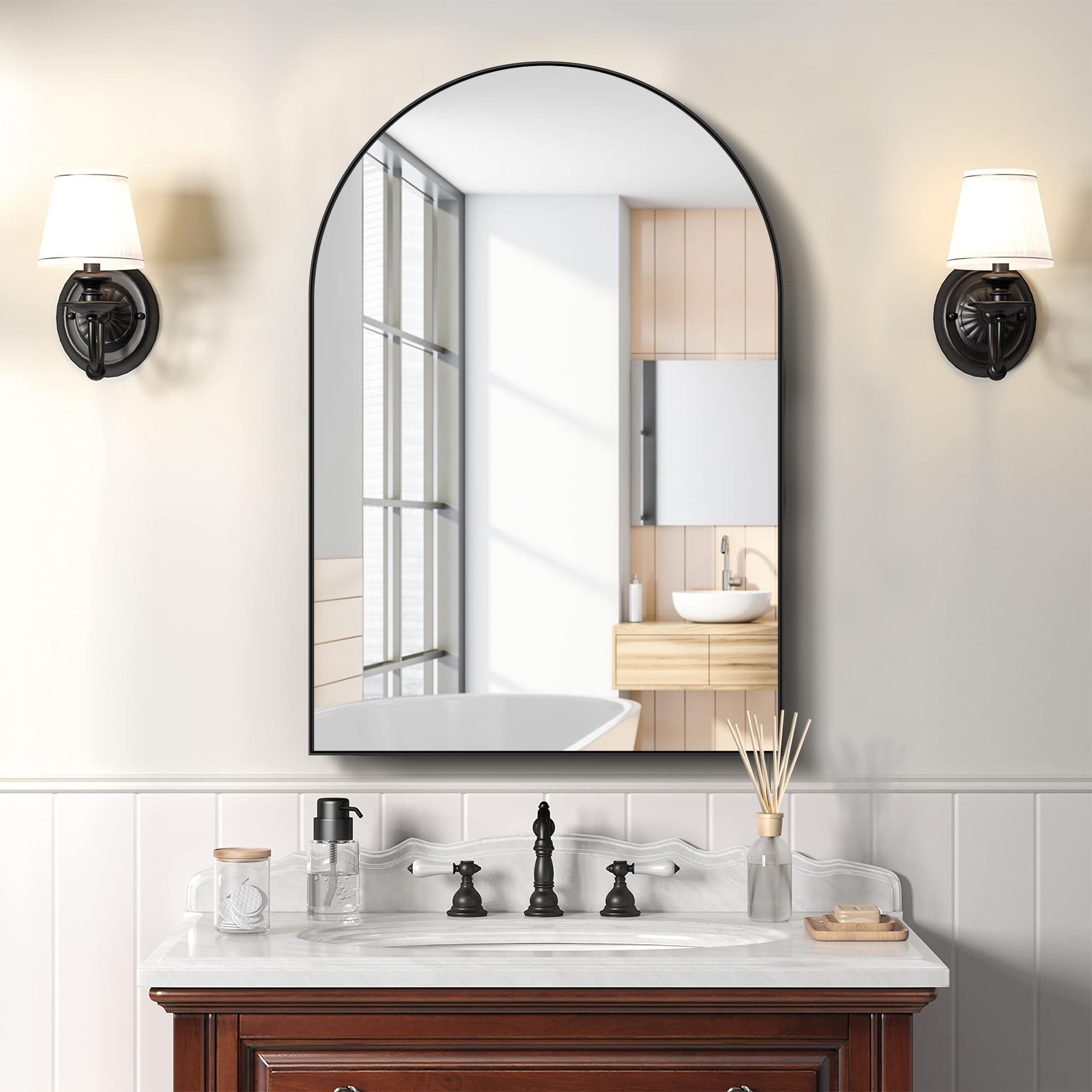 SDHYL Arched Bathroom Medicine Cabinet with Mirror, 36”x24” Recessed Medicine Cabinet for Bathroom with Beveled Edge Mirror, Wall Mounted Deep Set Alumiunm Frame, Black