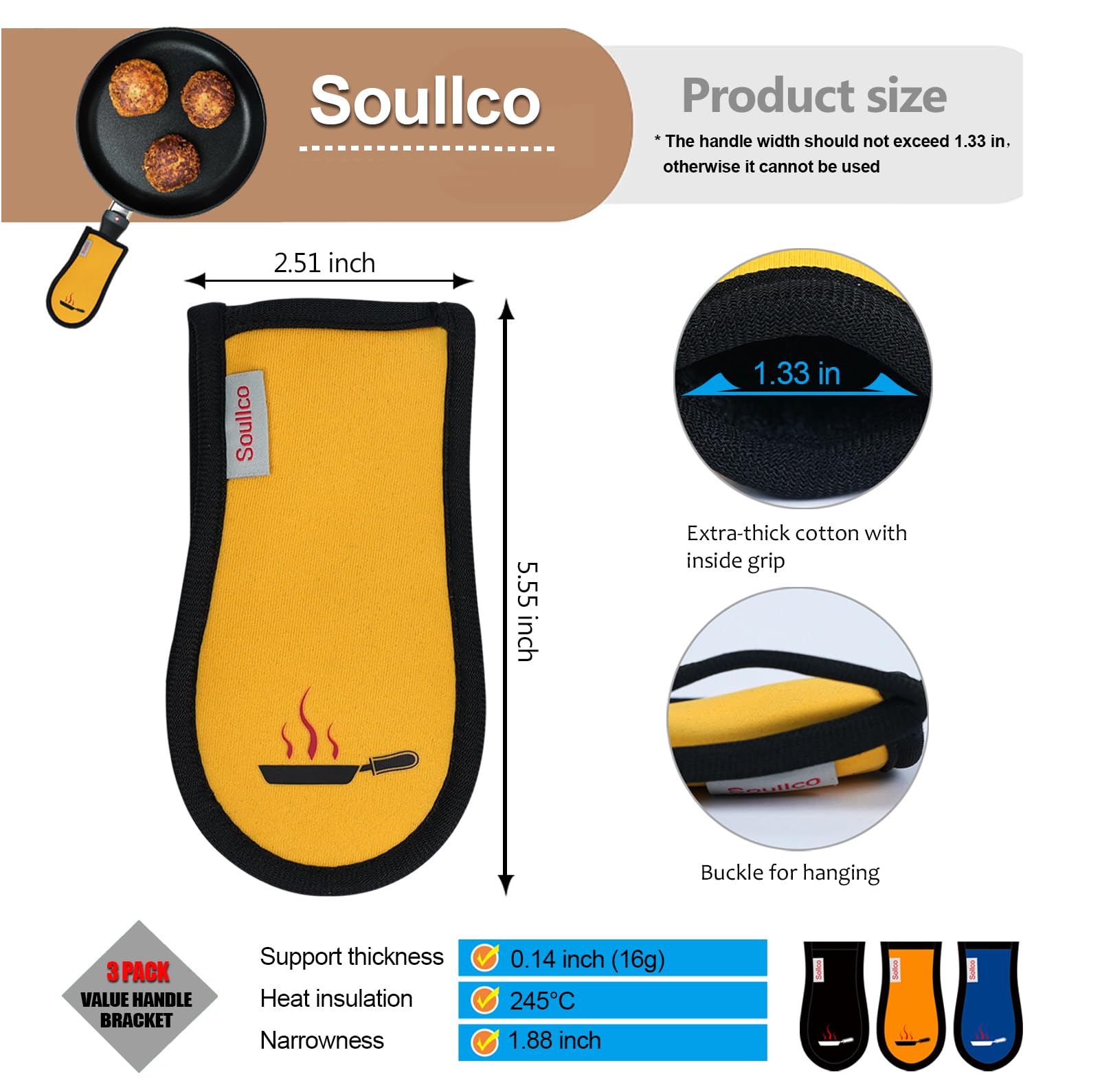 Skillet Handle Cover, Potholder Set Cast Iron Skillet Handle Cover Heat-Resistant Hot Pan Handle Wrap Sleeve, Non-Slip for BBQ Cookware (Multicolor)