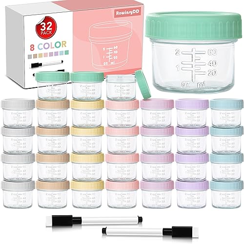 RowinsyDD 32 Pack Glass Baby Food Storage Containers, 4 oz Leakproof Baby Food Jars with Lids, Small Glass Food Containers for Infant Baby Food, Freezer & Microwave Safe, BPA Free