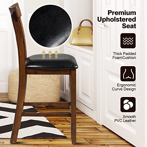 NAFORT Counter Height Bar Stools Set of 4, Farmhouse 25.5β Solid Wood High Dining Chairs with Cushion, Counter Stools with Back for Kitchen Restaurant Bar, Rubberwood Legs & Black PU Leather Cushion