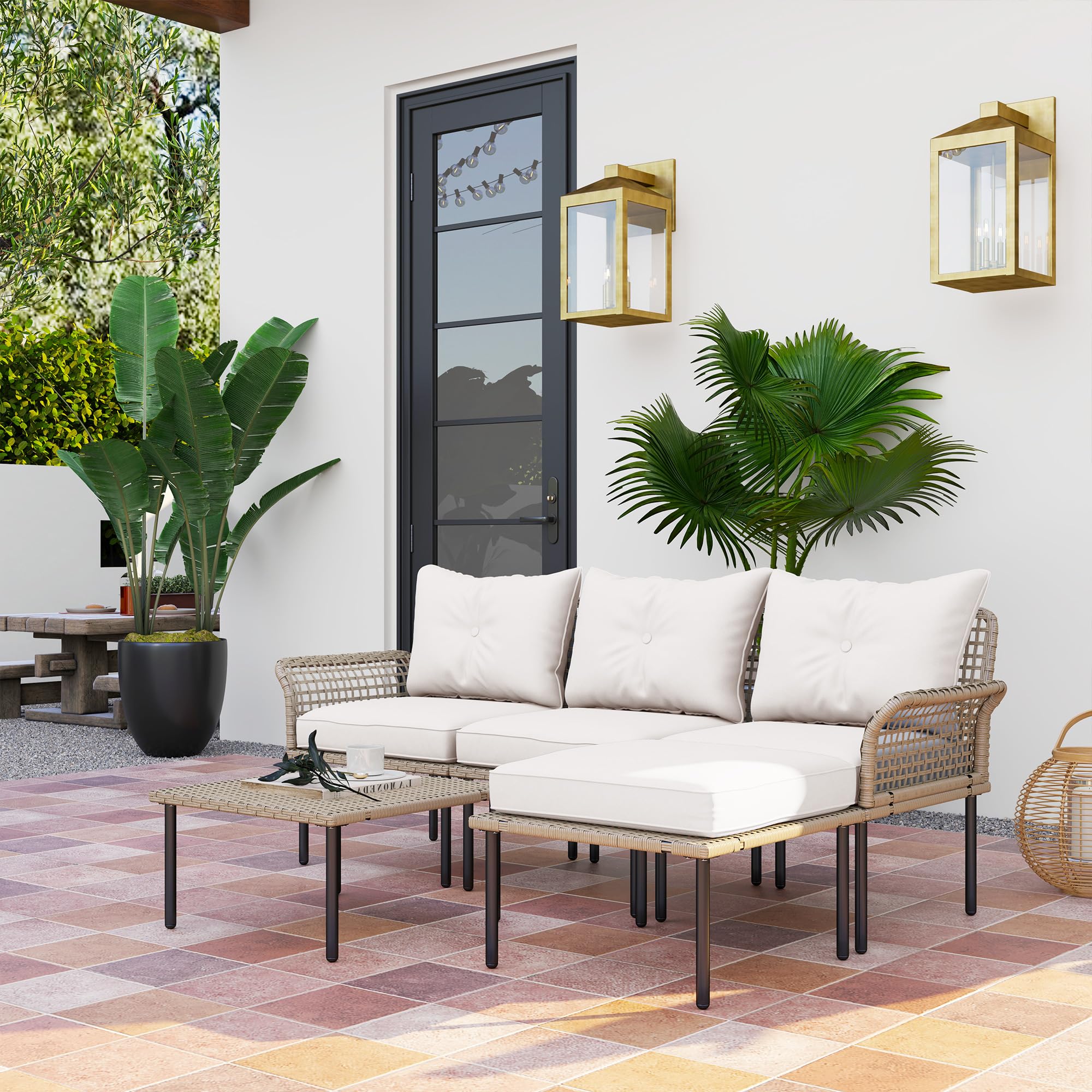 Outsunny 5 Piece Patio Furniture Set, Outdoor Conversation Set with L-Shaped Sofa, Cushions, for Backyard, Lawn and Pool, Cream White