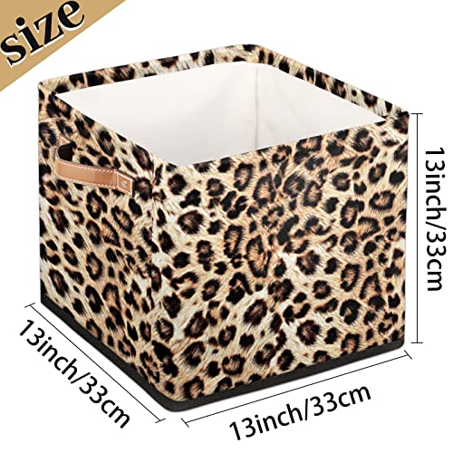 Leopard Wlidlife Print Striped Cube Storage Bins 13 x 13 x 13 inch, Leopard Animals Print Fabric Organizer Bins Basket Boxes with PU Leather Handles Foldable Storage Cube for Clothes Bedroom Closet Shelves