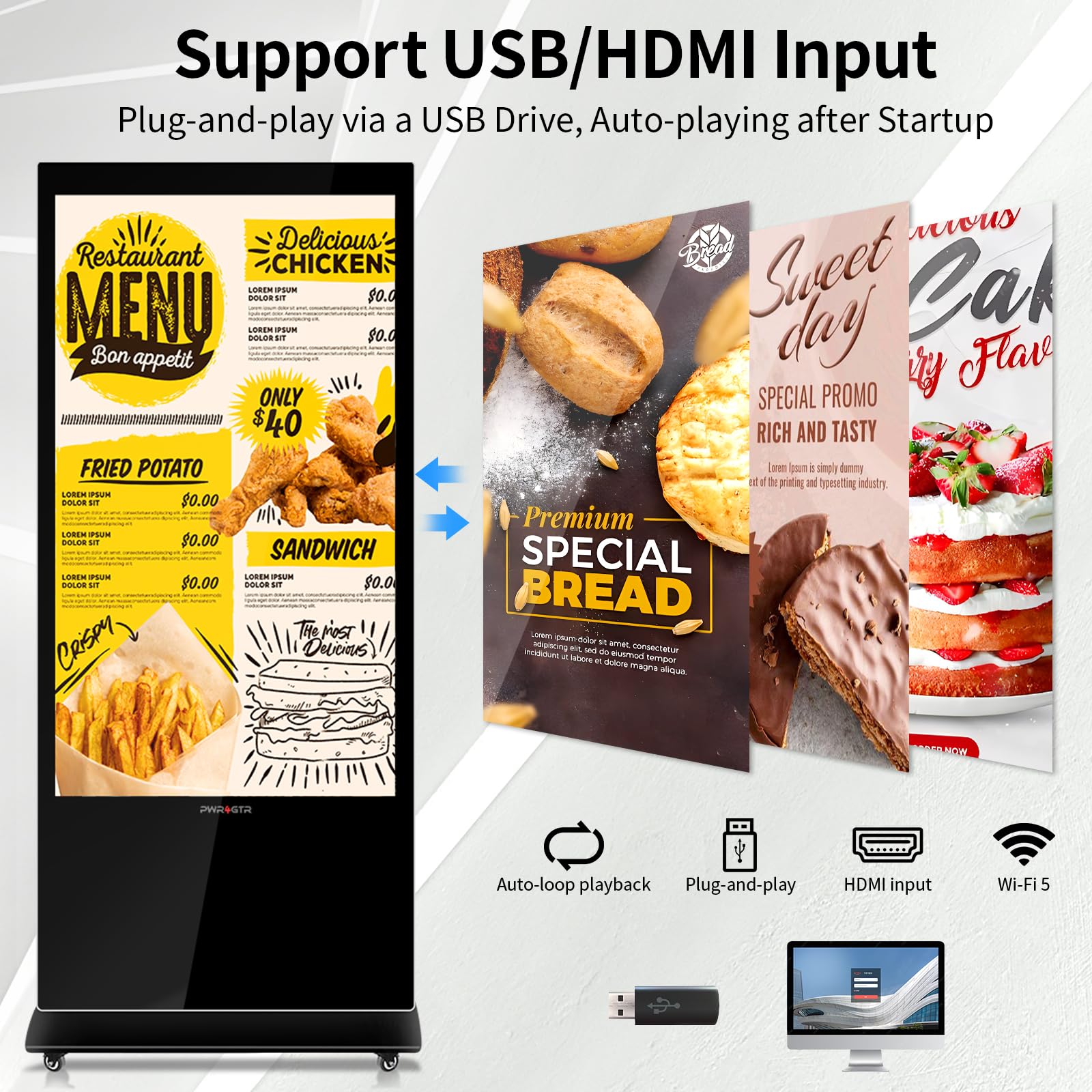 PWR4GTR 65 Inch Digital Signage Display, 4K UHD G+G Capacitive Touch Panel Floor Standing Advertising Screen Commercial LCD Totem Interactive Kiosk with USB/HDMI-in, Android 11 (4+64GB)